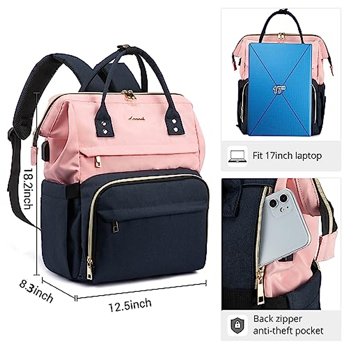 LOVEVOOK Travel Laptop Backpack for Women, 18-inch Large Capacity Outdoor Carry On Backpacks Purse, Business Computer Work Bags, Doctor Nurse Backpack with USB Port, Pink Navy