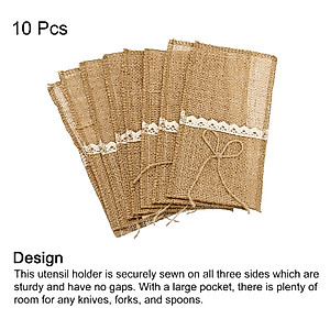 uxcell Burlap Lace Utensil Holders, 10Pcs Knife Forks Napkin Silverware Holder Bag Cutlery Pouch for Wedding Table Decoration