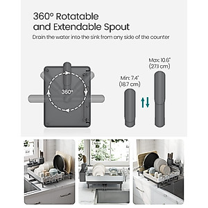 SONGMICS Large Dish Drying Rack, Expandable Dish Dryer for Kitchen Counter, Stainless Steel Dish Rack with Rotatable Spout, Utensil, Cup, Glass, Cutting Board, Pan Holders, Silver and Gray UKCS037G01