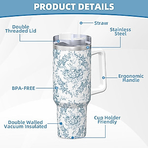 Elegant Engraved Blue And White Floral Toile 40 Oz Tumbler With Handle & Leak-Proof Lid – Car Cup Holder Friendly Hot/Cold Vacuum Insulated Stainless Steel Travel Mug Large Coffee Water Bottle For Car