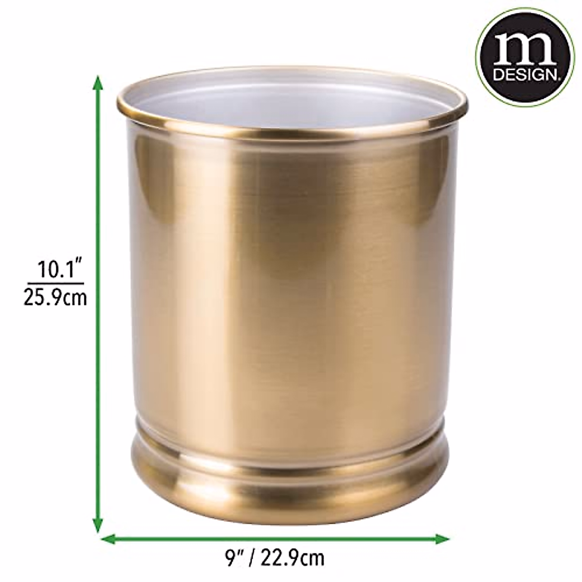 mDesign Steel Stylish Round Trash Can, Wastebasket Storage Container Bin - for Bathroom, Bedroom, Powder Room, Kitchen, Home Office - Holds Garbage, Waste, Trash - Soft Brass