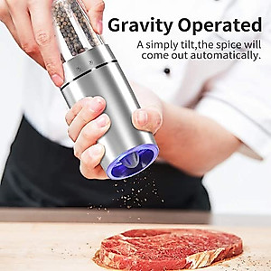 Electric Gravity Pepper Grinder set of 2, Automatic Salt and Pepper Mill Grinder, Adjustable Roughness, Battery Powered, Blue LED Light, Stainless Steel with One Hand Operation (Sliver 2 pack)