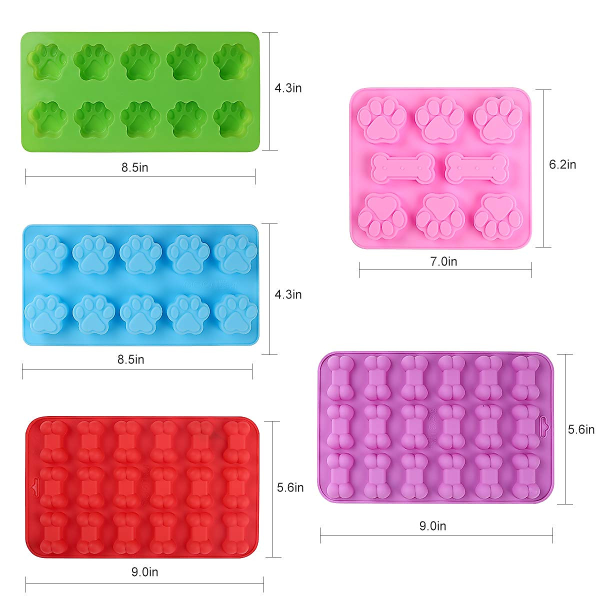 Elfkitwang Dog Paw and Bone Shaped Silicone Mold, Non-Stick food Grade, Ice tray, Reusable Silicone Mold, Used for Chocolate, Candy, Cupcake, Pudding, Jelly, Puppy Biscuit (5 pcs)
