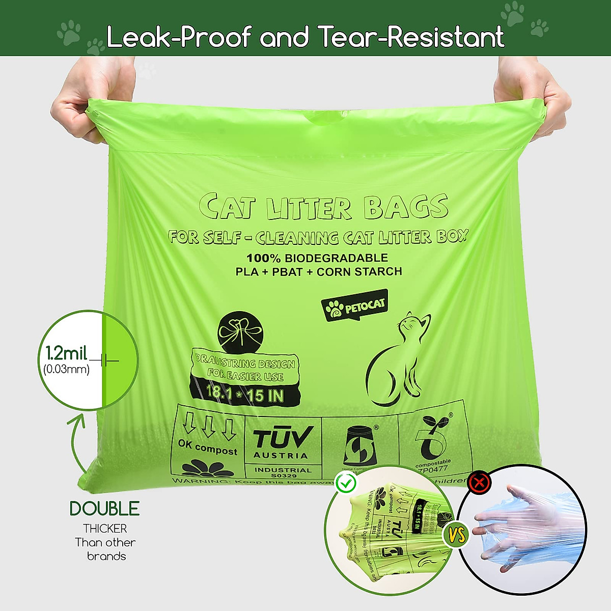 90 Count Biodegradable Cat Litter Bags Compatible with Meo* Self-Cleaning Litter Box, Pet Automatic Waste Drawer Liners, Drawstring Kitty Compostable Poop Replacement Bags (18.1" x 15")