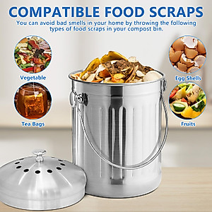 ENLOY Compost Bin, Stainless Steel Indoor Compost Bucket for Kitchen Countertop Odorless Compost Pail for Kitchen Food Waste with Carrying Handle 1.3 Gallon Easy to Clean
