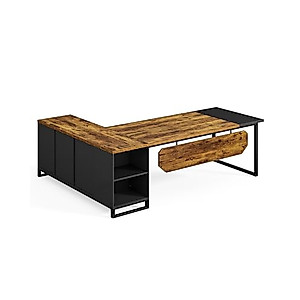 LITTLE TREE 70.8 Inches Executive Desk and 55 Inches File Cabinet Combo, Large L Shaped Computer Desk with Storage Cabinet and Shelves, Modern Business Furniture for Home Office, Rustic Brown & Black