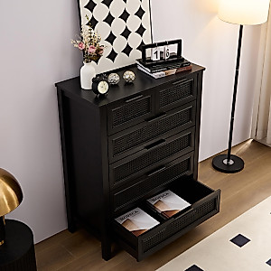 BOSHIRO Dresser for Bedroom, 6 Chests of Drawers, Rattan Drawer Dresser, Boho Dresser, Tall Dresser Modern 6 Drawer Dresser, Black Dresser for Closet, Home Office