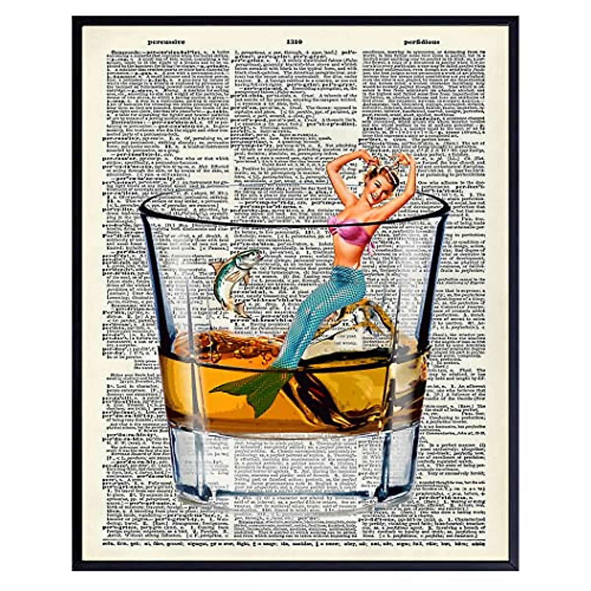 Bar Man Cave Mermaid Decor - Scotch Whiskey Wall Art - Fish Wall Decor for Men, Guys - Funny Alcohol Drinking Decor - 8x10 Dictionary Art Picture Poster - Home Office Decor