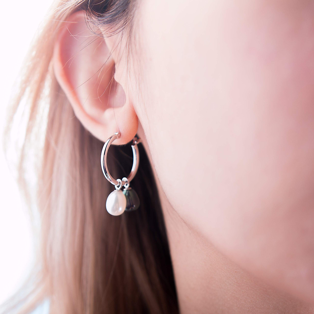 MOLAH 925 Silver Multi-use Hoop Sade Earrings 7-7.5mm Cultured Freshwater Drop White and Black Peacock Pearl 4-in-1 Rhodium Plated