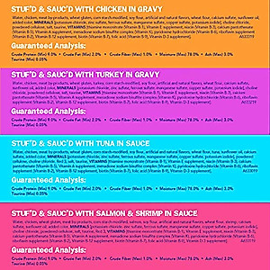 Purina Friskies Gravy Wet Cat Food Variety Pack, Stuf'd & Sauc'd with Chicken, Salmon & Shrimp, Tuna & Turkey - (24) 5.5 oz. Cans