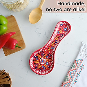 Handmade Spoon Rest, Ceramic Spoon Rest for Stove Top, 10" Spoon Rest for Kitchen Counter, Dishwasher Safe Spoon Holder for Stove, Housewarming Gifts Utensil Rest, Colorful Spoon Rests (Apple Red)