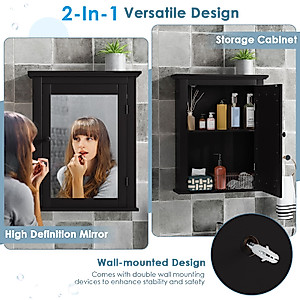 COSTWAY Bathroom Medicine Cabinet with Mirror, Wall-Mounted Storage Cabinet Organizer with 5-Position Adjustable Shelf, Hanging Bathroom Wall Cabinet for Living Room Bedroom Entryway (Black)
