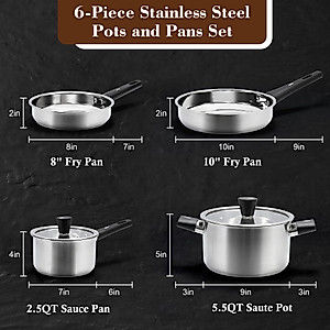 Pots and Pans Set, 6-Piece Stainless Steel Kitchen Cookware Set with Stay-Cool Handles, kitchen Cooking Sets Pots and Pans Compatible with Gas, Electric & Induction, Dishwasher Safe