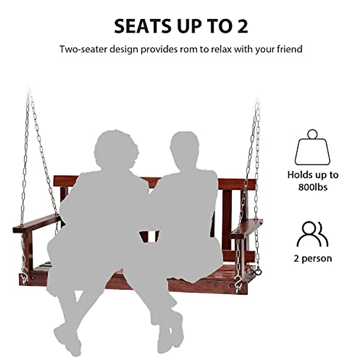 Wooden Porch Swing Chair, 48" Patio Swing Hanging Chair Outdoor Swings for Adults/Kids, Heavy Duty Swing Outdoor Swing with Hanging Chains & Reclined Backrest for Outdoor Patio Garden Yard, 800 lbs