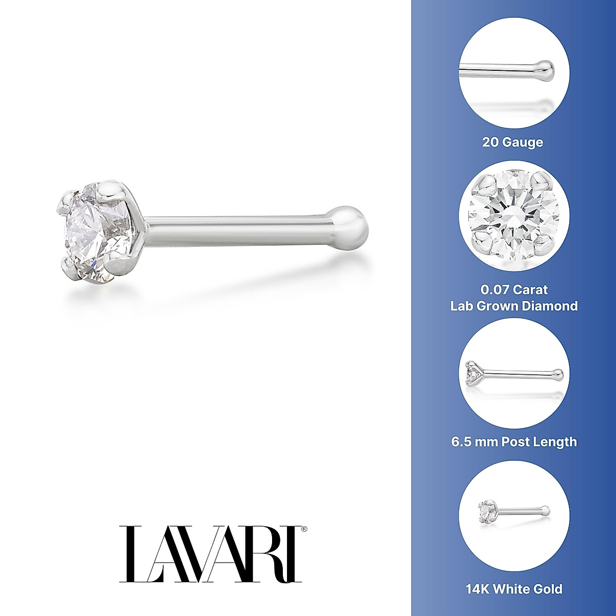 Lavari Jewelers 20 Gauge 0.07 Carat Lab Grown Diamond Straight Bone Nose Stud for Women - 14k White Gold 2.7mm (D-E, I2-I3, cttw) Nose Ring - Unisex Nostril Piercing Jewelry - Body Piercing for Men
