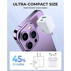 USB C Charger, 30W Mini 2-Port Fast Charger Block [PD&QC 3.0&PPS 25W] GaN+ Wall Charger Adapter Super Fast Charging for iPhone 14/14 Pro/13/12/X/XS/SE/Galaxy S22/Note 20/10+/iPad Pro/Pixel 6
