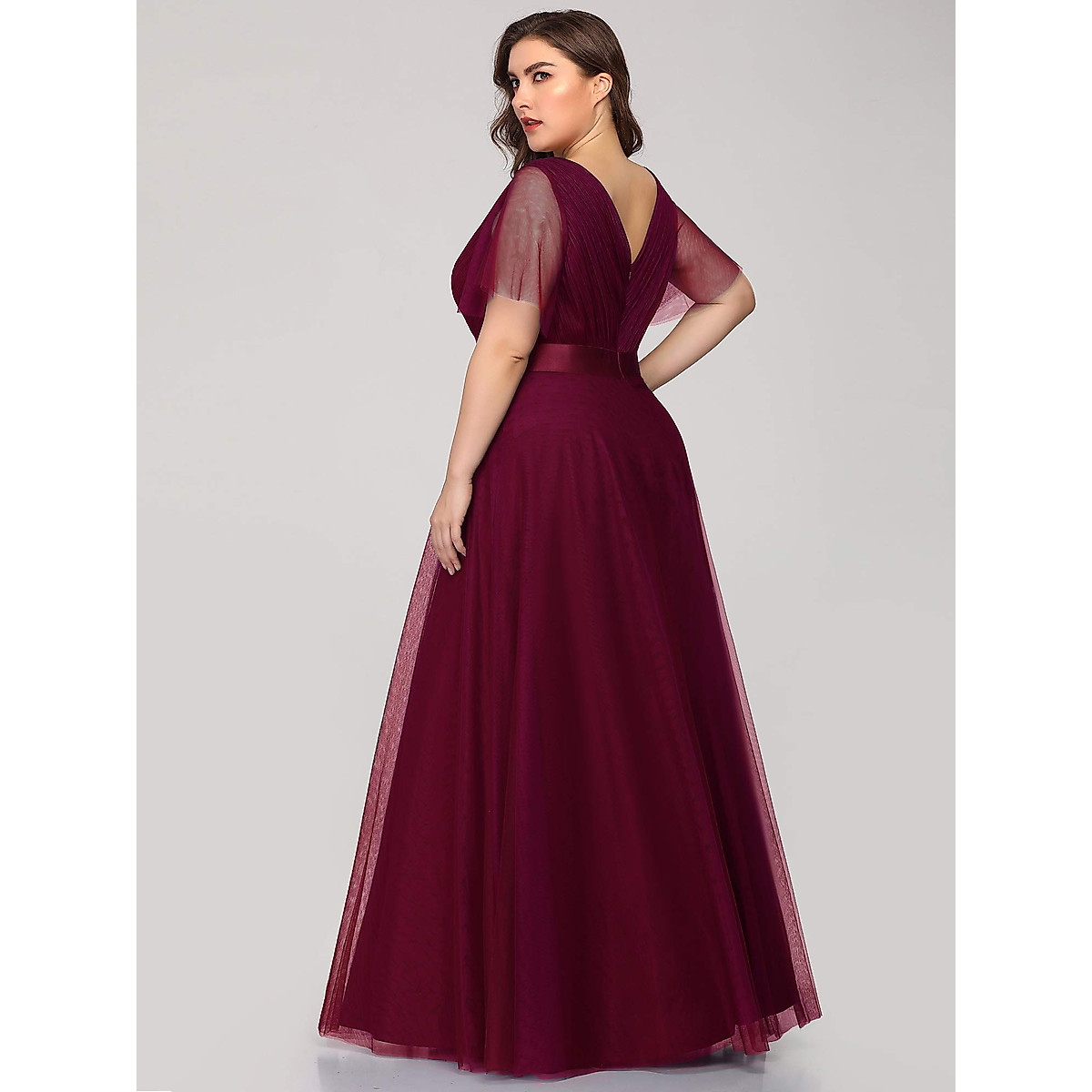 Ever-Pretty Women's Double V-Neck Empire Waist Front Wrap Plus Size Chiffon Prom Dress Burgundy US22