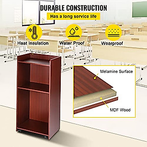 VEVOR Wood Podium, 23.6" x 47.2", Lecterns and Podiums w/ 4 Rolling Wheels, Baffle Plate & Shelf, Easy Assembly Walnut Wood Lecterns for Church, Office, School, Home