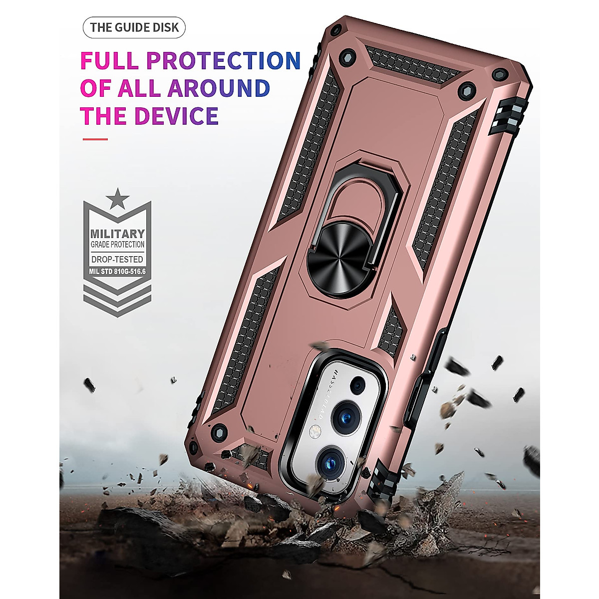 Dionsibei Military Grade Drop Impact for Oneplus 9 Case Oneplus 9 5G Case 360 Metal Rotating Ring Kickstand Holder Armor Heavy Duty Shockproof Case for Oneplus 9 Phone Case (Rose Gold)