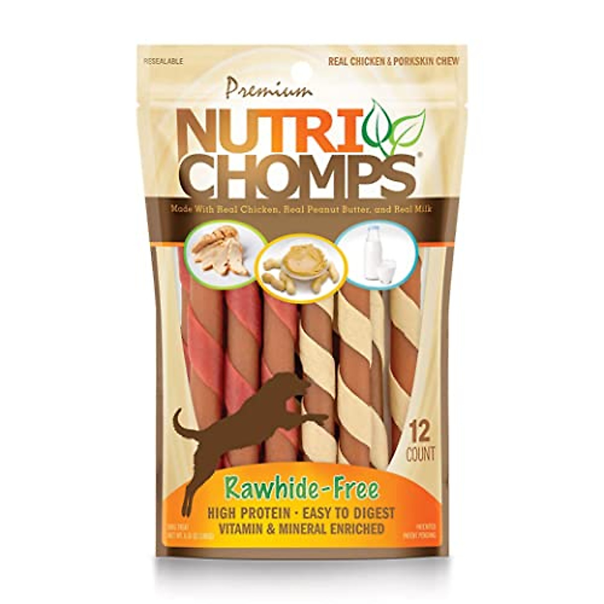 NutriChomps Dog Chews, 5-inch Twists, Easy to Digest, Rawhide-Free Dog Treats, 12 Count, Real Chicken, Peanut Butter and Milk flavors