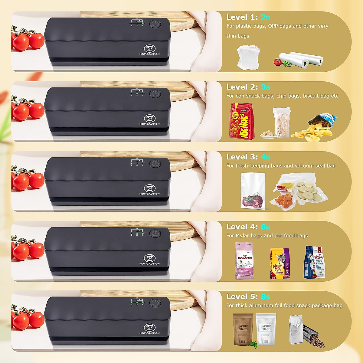 lazycozy® Mini Bag Sealer, Rechargeable Chip Bag Sealer with 5 Heating Levels, Portable Package Resealer for Snack Bags
