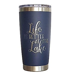 Life is Better at the Lake Coffee Mug Tumbler, Lake House Gifts, 20oz Stainless Steel, RV Travel Mug - Navy