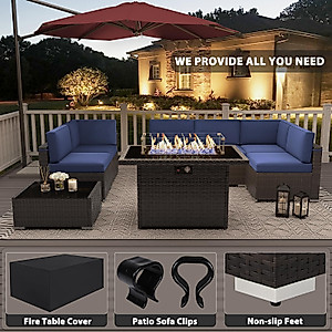 Vakollia 8 Pieces Patio Furniture Set with 44" Propane Gas Fire Pit Table, Outdoor Sectional Brown Rattan Wicker Conversation Sofa Sets with Coffee Table