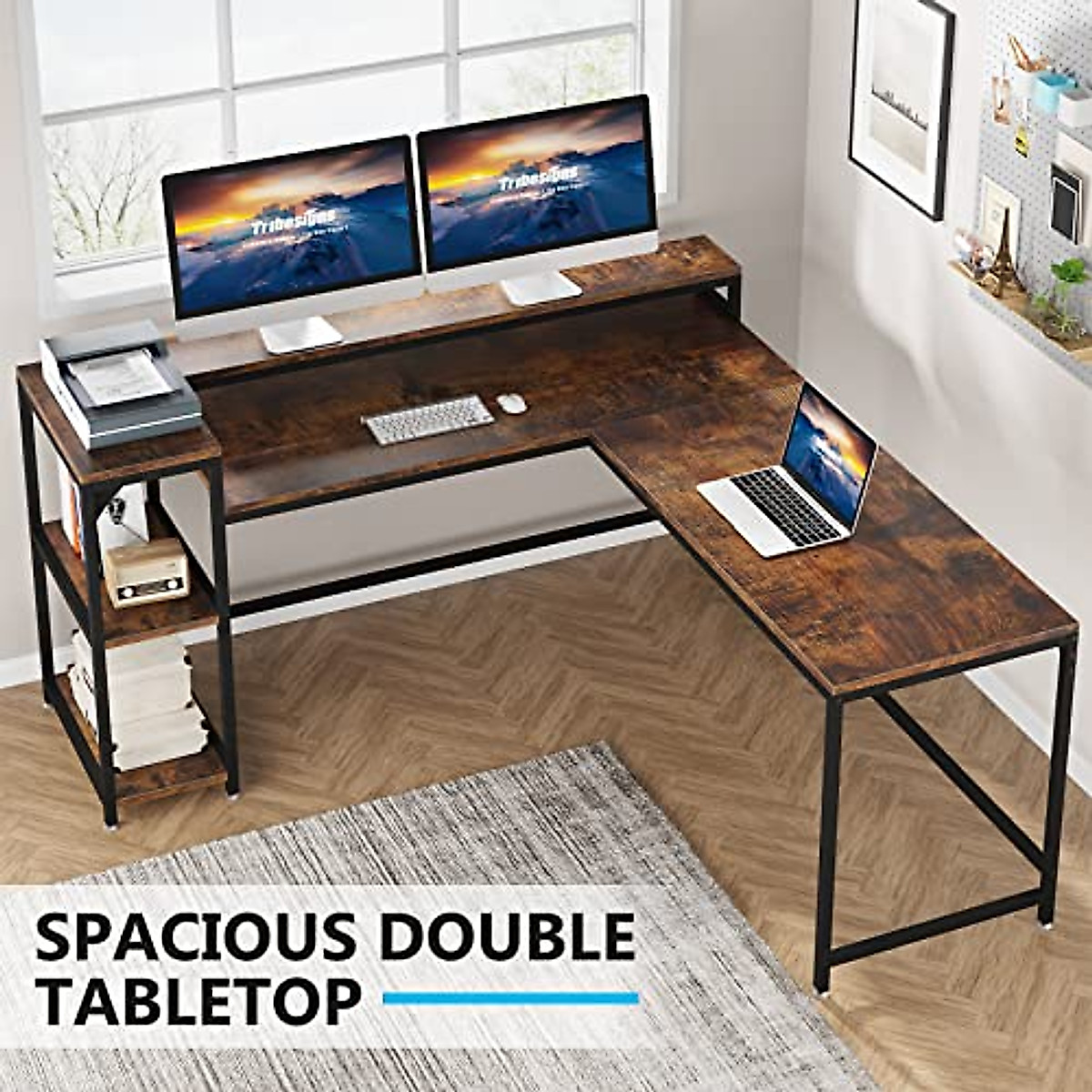 Tribesigns L Shaped Desk with Monitor Stand and Storage Shelves, Farmhouse Corner Computer Desk with Hutch, Crafting Gaming Table for Home Office, Rustic Style