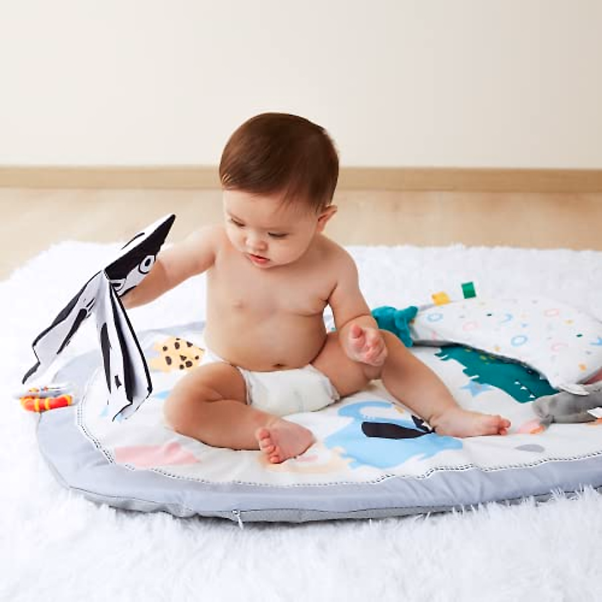 Lupantte 7 in 1 Baby Play Gym Mat, 2 Replaceable Washable Mat Covers Baby Activity Play Mat with 6 Toys, Visual, Hearing, Touch, Cognitive Development for Baby to Toddler, Thicker Non-Slip