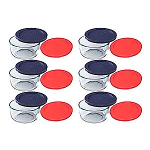 Pyrex Storage 2 Cup Round Dish, Clear with Red & Blue Lids, Pack of 6 Containers & 12 Lids