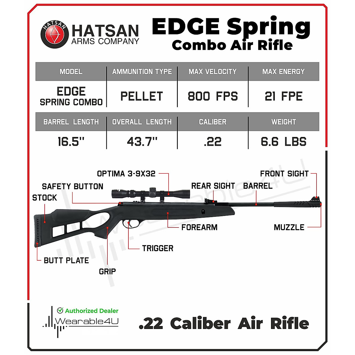 Hatsan Edge .22 Cal 1000 FPS / 21 FPE - Brake Barrel Air Rifle .22 Caliber w/ 3-9X32 Scope, QuietEnergy (QE) & Spring Piston | Small & Medium Game air Gun + Wearable4U 250x Pellets Bundle