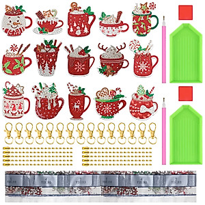 15 Pieces Christmas Diamond Painting Keychain Diamond Painting Ornaments 5D DIY Diamond Painting Keychain Hot Cocoa Christmas Diamond Art Ornaments for Kids Christmas DIY Crafts Family Decor (Cute)
