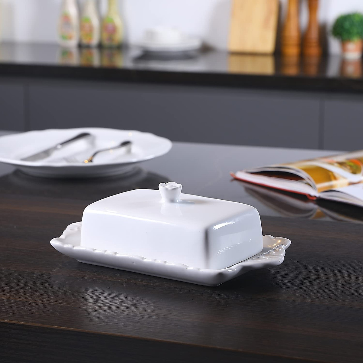 MyGift Vintage French Country Style White Ceramic Large Butter Dish Tray with Tulip Handle Top Lid, Kitchen Countertop Bi-Coastal Butter Keeper with Cover, Holds 2 Sticks