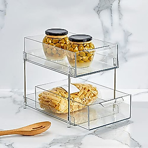 Nate Home by Nate Berkus 2-Tier Sliding Plastic Pull-Out Drawer Organizer, Removable Drawers - Kitchen Cabinet Organizer and Pantry Storage from mDesign, Clear/Polished Stainless Steel