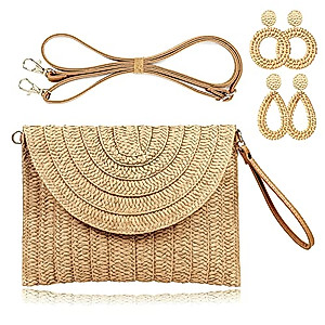 COOKOOKY Straw Clutch Handbag Summer Beach Straw Purse for Women woven Envelope Bag and 2 Pairs Rattan Earrings (Light brown bag and Rattan earrings)