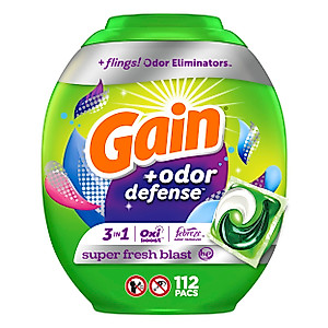 Gain Flings Laundry Detergent Soap Pacs with Odor Defense, Super Fresh Scent, 112 Count, 3 in 1 Laundry Pods with Febreze and Oxi