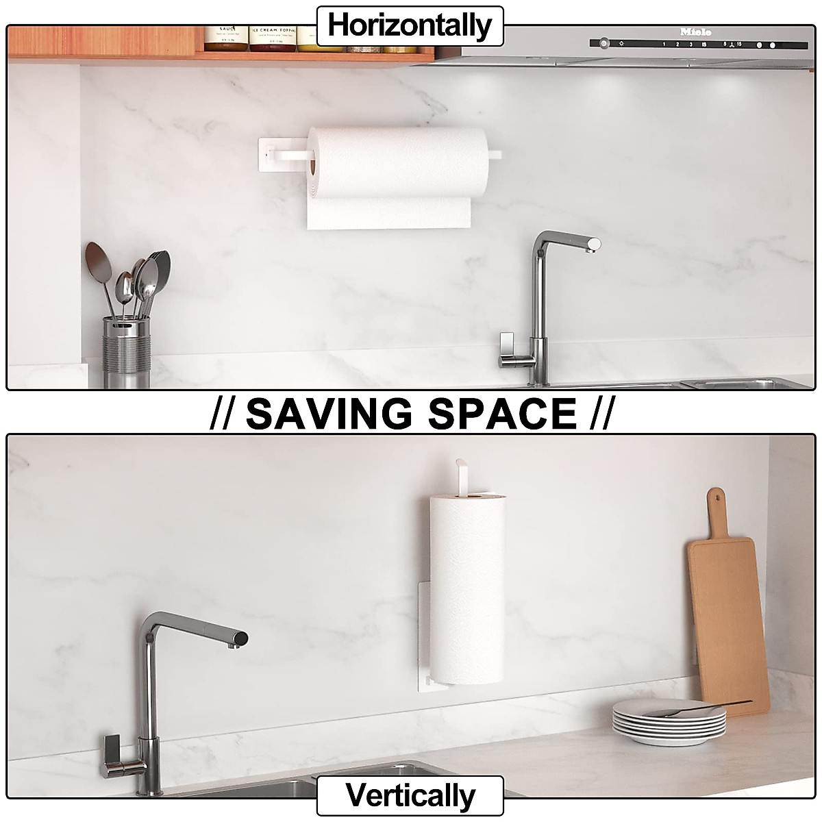 White Kitchen Roll Holder, Stainless Steel Paper Towel Holder for Kitchen, Self-Adhesive Kitchen Roll Holder Under Cabinet, Wall Mount Plastic Wrap Holder and Towel Rack