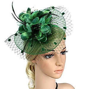 ACTLATI Fascinators Hat for Women Tea Party Headband Wedding Cocktail Flower Mesh Feathers Hair Clip 20s Flapper Headpiece,Dark Green
