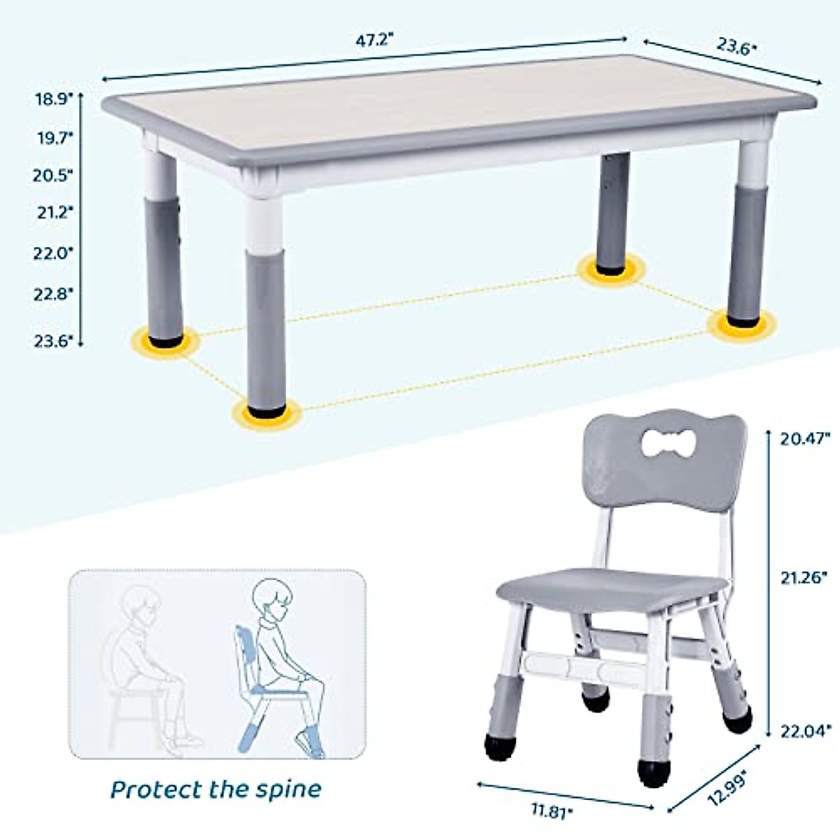 AuAg 47.2‘’ Kid Table and 4/6 Chairs Set, Height Adjustable Toddler Study Table&Chair Set for Age 2-10, Multi-Activity Art Table W/Graffiti&Scrubtable Desktop, for Daycare, Classroom, Home