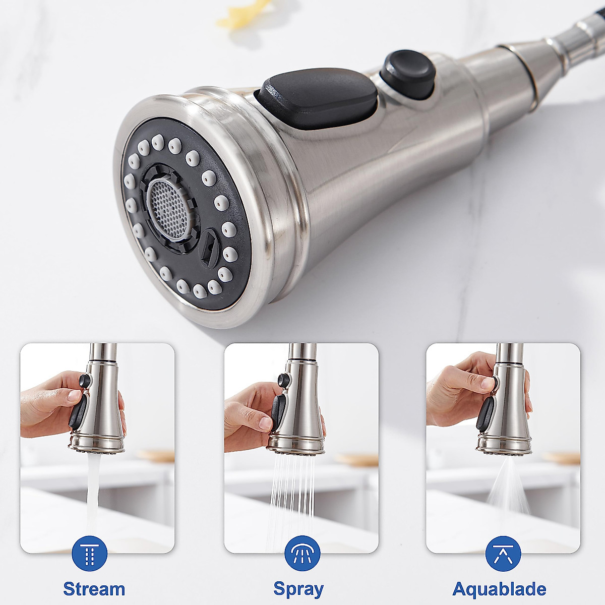 Kitchen Faucet Spray Head Replacement - Pull Down Faucet Sprayer Head with 9 Adapters, 3-Function Kitchen Sink Faucet Head, Replacement Pull Out Faucet Head, Brushed Nickel