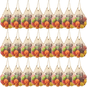 Woanger 24 Pcs Reusable Cotton Mesh Produce Shopping Bags Washable Grocery Bag Net Portable Fruit and Vegetable Bag Cotton String Bags Long Handle Net Tote Organizer (Short Handle)