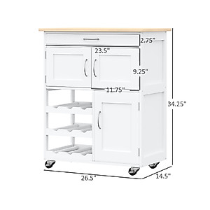 HOMCOM Bar Cart Rolling Kitchen Island on Wheels with 9-Bottle Wine Rack, Small Kitchen Cart with Wide Drawer, Kitchen Storage Cabinets, Wooden Countertop, White