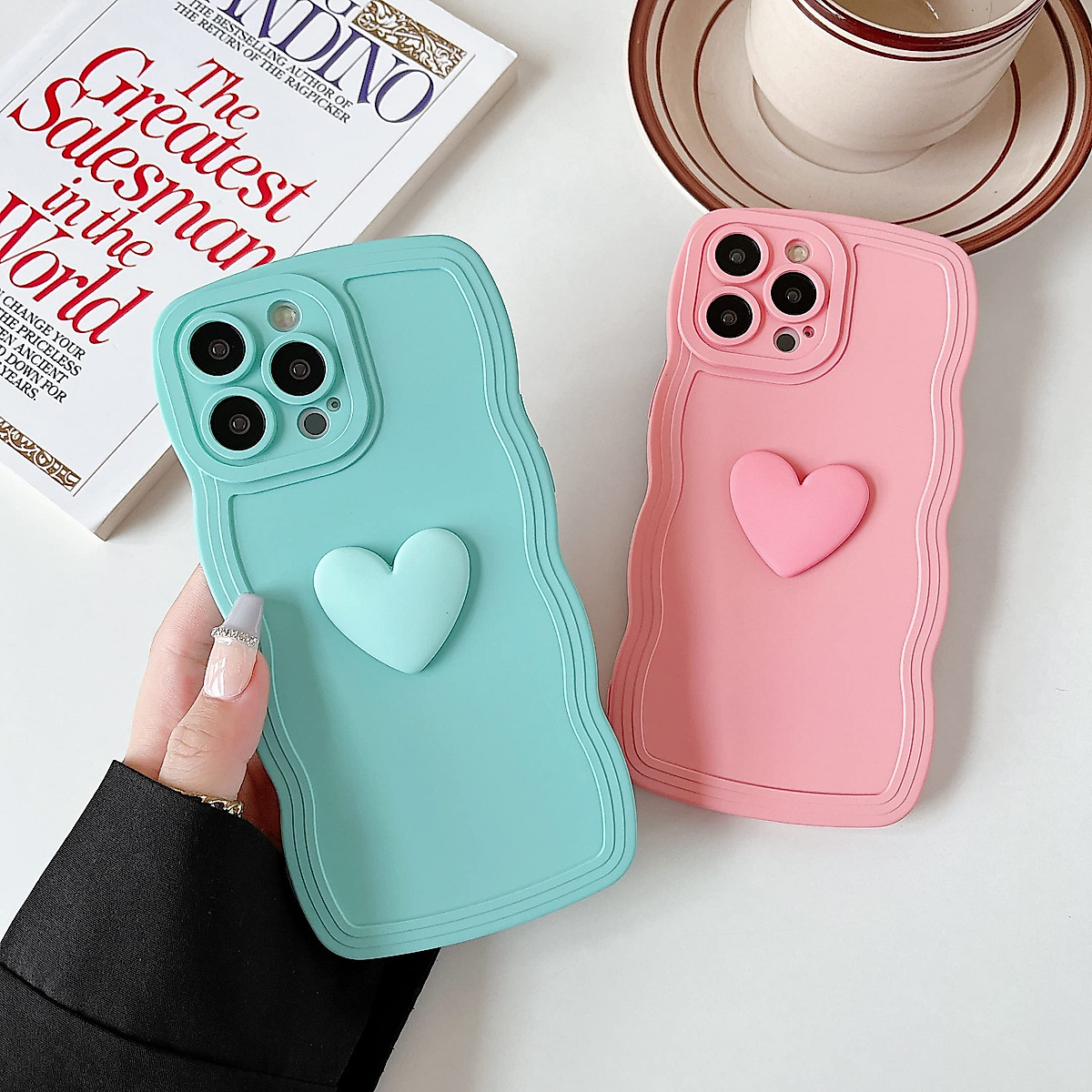 Qokey Case(6.7" 2021), Cute 3D Colors Love Heart Wavy Frame Full Protection for iPhone 13 Pro Max 6.7" Soft TPU Shockproof Phone Cover for Women Girls,Pink