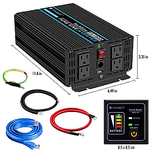 Novopal Pure Sine Wave Power Inverter 1000 Watt 12V DC to 110V/120V AC Converter 4 AC Outlets Car Inverter with One USB Port 16.4 Feet Remote Control and Two Cooling Fans Black