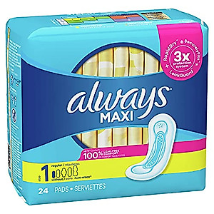 Always Maxi Feminine Pads for Women, Regular Absorbency, 24 Count, No Wings, Unscented (24 Count)