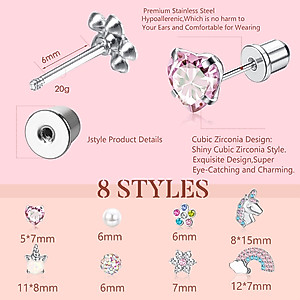Jstyle 8 Pairs Cute Screw Back Earrings for Girls Women Pink CZ Heart Unicorn Stud Earrings Stainless Steel Flower Ball Screwback Earrings Set