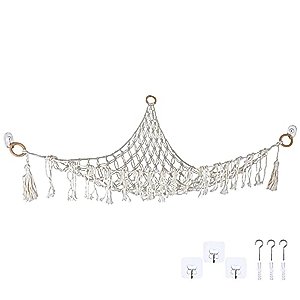 Storage Hammock Stuffed Toy Organizer, Plush Animals Fruit Vegetable Holder, Boho Wall Sling Corner Cotton Rope Hand-woven Mesh Net Bag, Stuff Display Easily (Medium)