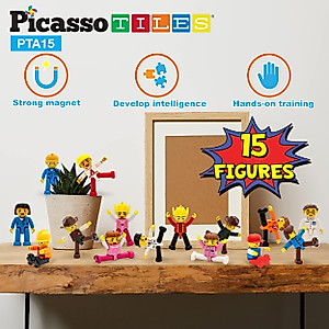 PicassoTiles 15-Piece Magnetic Character Action Figures Add-on Set for Construction Building Block Tiles