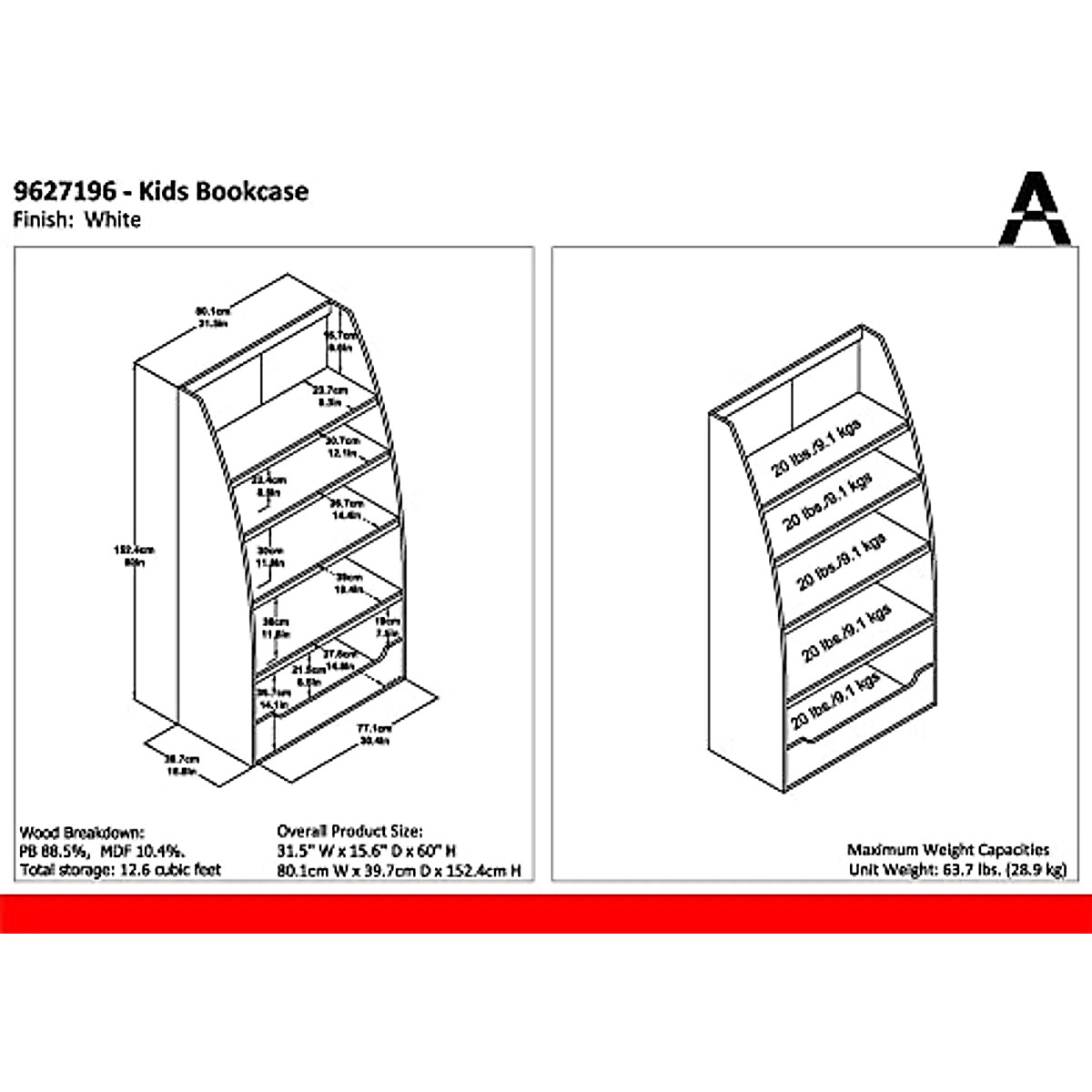 Ameriwood Home Hazel Kids' 4 Shelf Bookcase, White