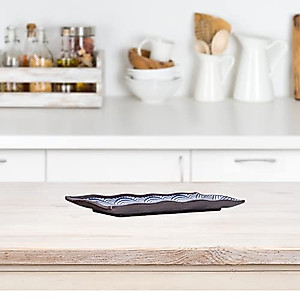 White and Blue Seigaiha Patterned Melamine Rectangular Serving Platter, Sushi Plate and H'orderve Trays Dinnerware for Parties, 10.75 x 4.25 Inches